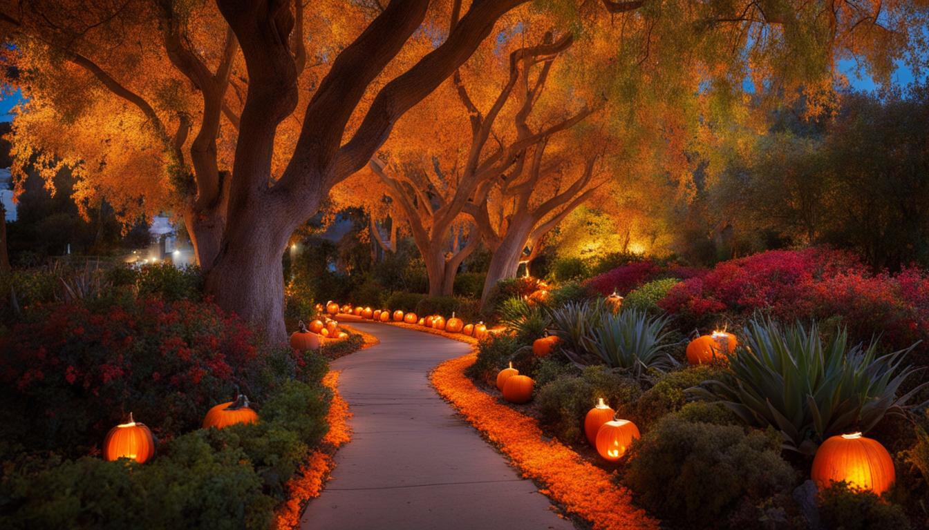 Descubre Un sendero en Santa Mónica, California, con calabazas talladas